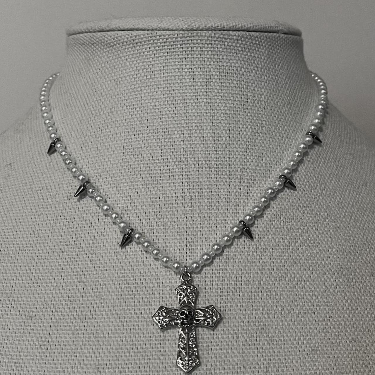 Goth Spiked Pearl Cross Necklace length - 15.5... - Depop
