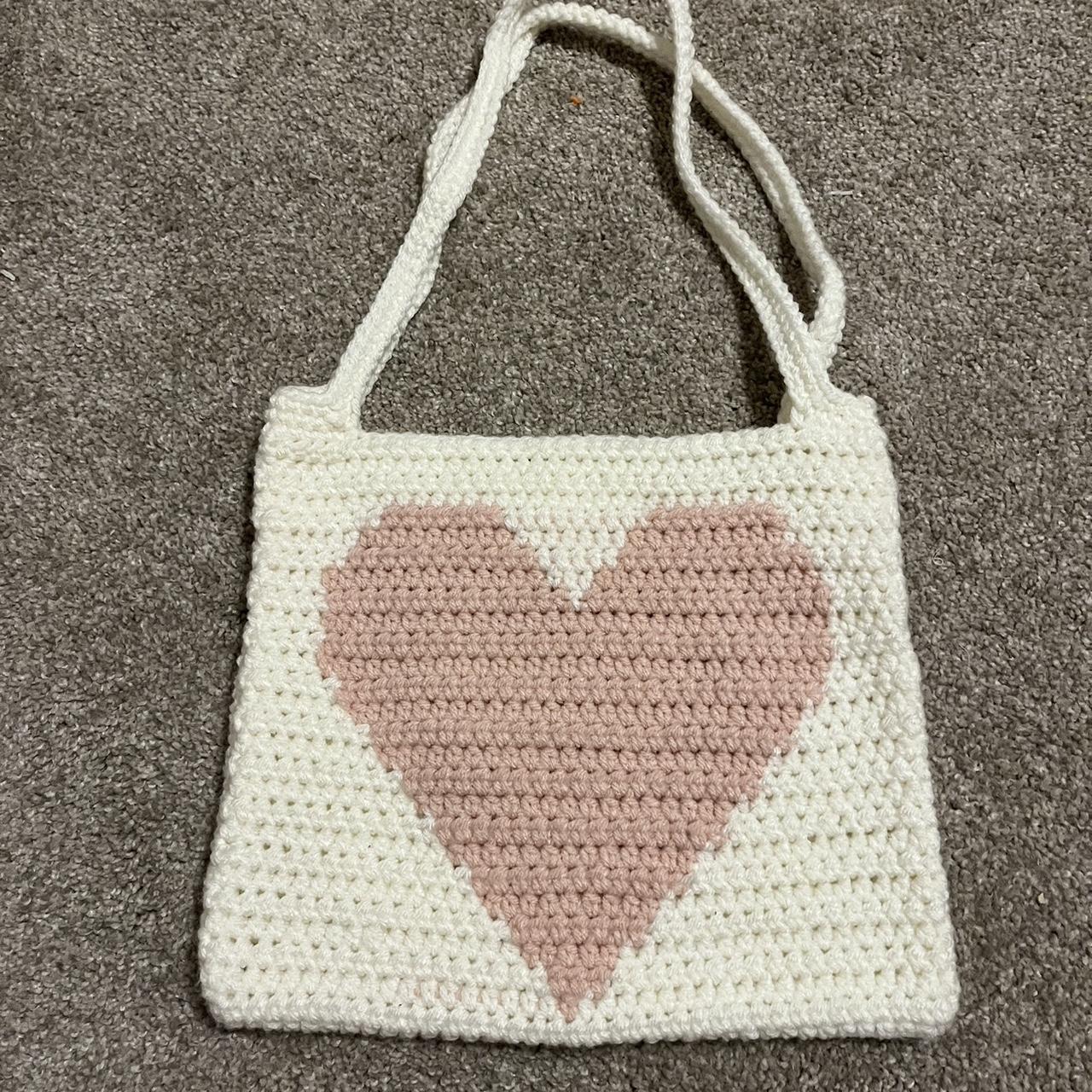heart tote bag hand crocheted 10.5 x 9.5 pink... - Depop