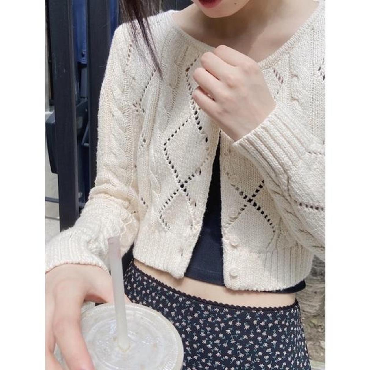 Brandy Melville Agnes cream pointelle knit crop... - Depop