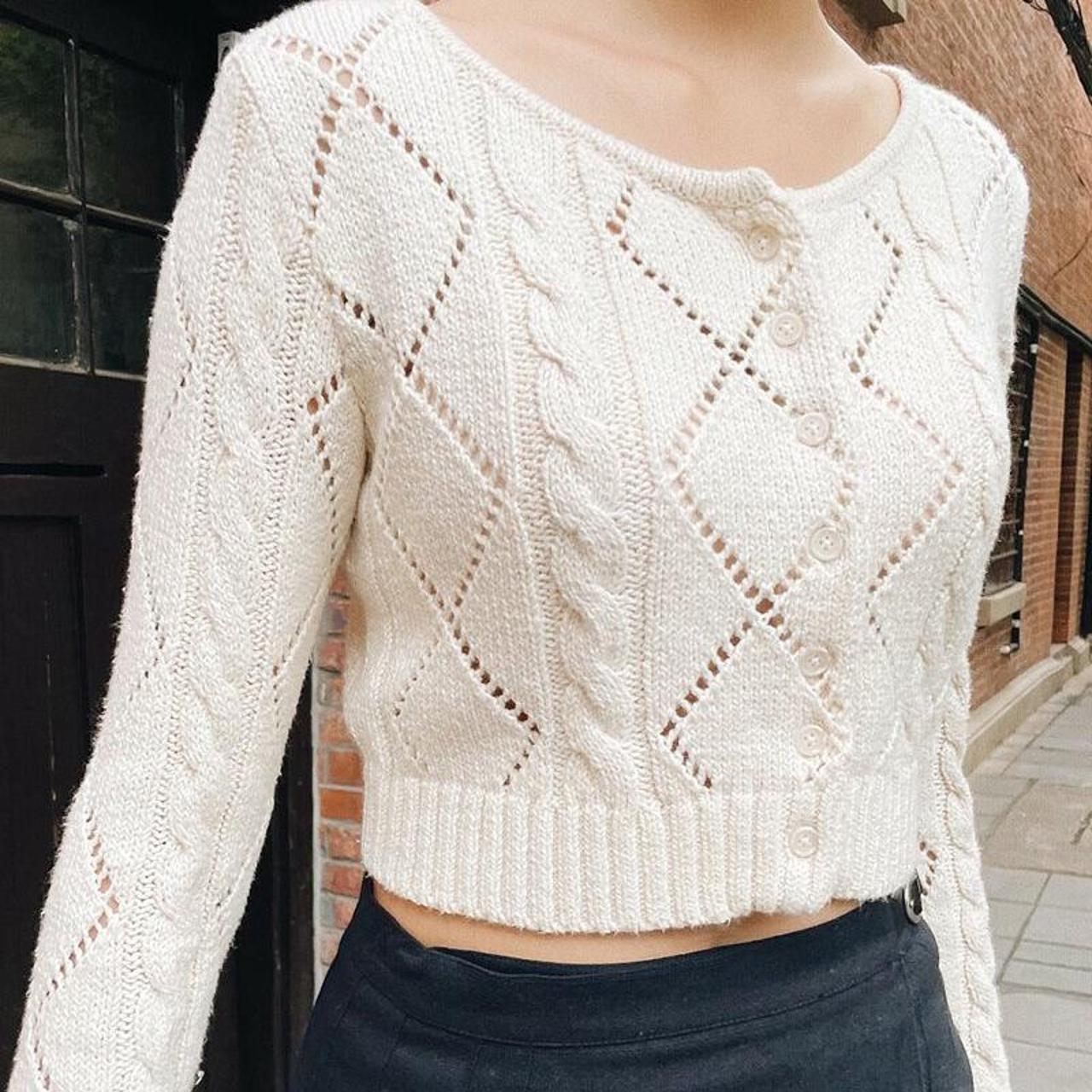 Brandy Melville Agnes cream pointelle knit crop... - Depop