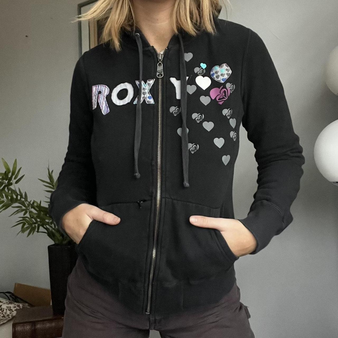 Y2k 90s ROXY Patchwork Heart Zip Up 𝙲𝚘𝚗𝚍𝚒𝚝𝚒𝚘𝚗 ☮︎︎... - Depop