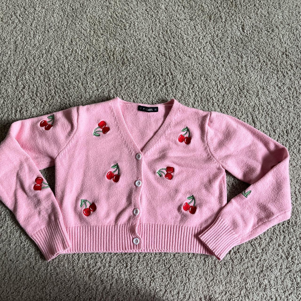 pink cherry cardigan slight pilling on the back one... - Depop