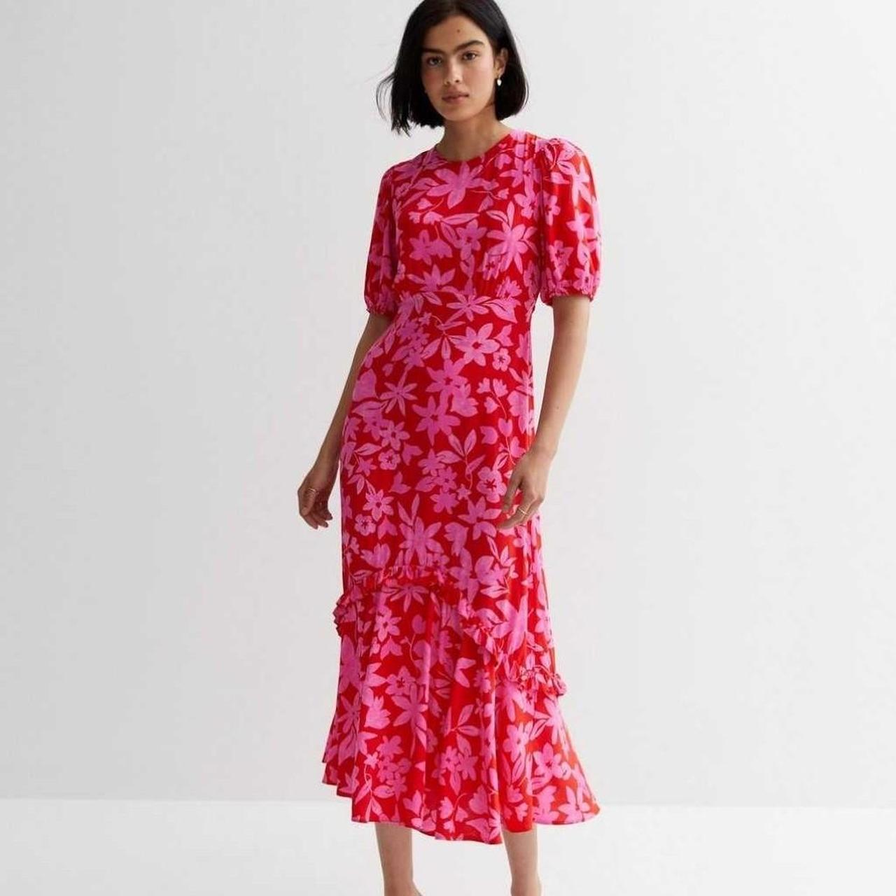 New Look Red Floral Tiered Midaxi Dress. Size 16.... - Depop