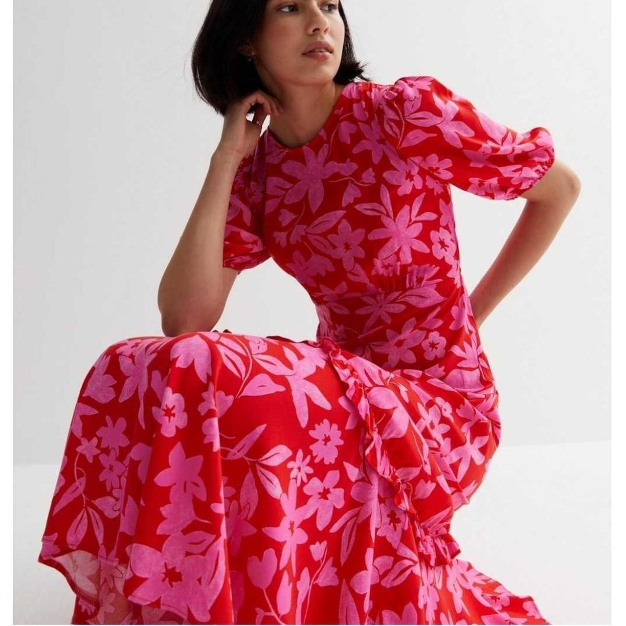 New Look Red Floral Tiered Midaxi Dress. Size 16.... - Depop