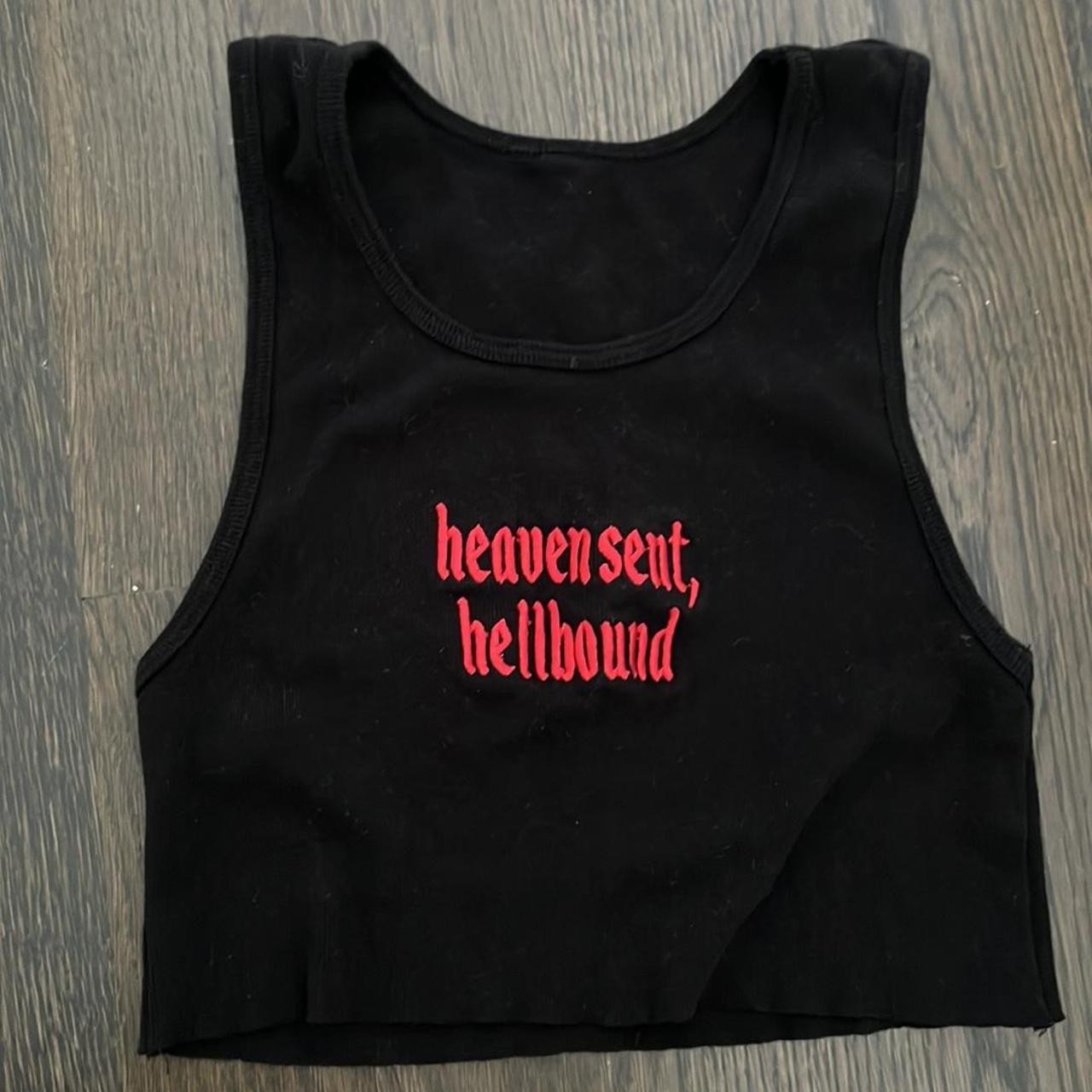 #REVICE #denim black red slogan crop tank top heaven... - Depop