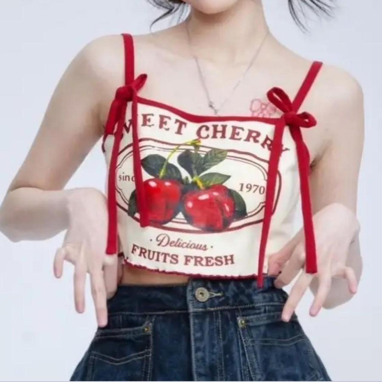 Country style cherry tank top with red bow... - Depop