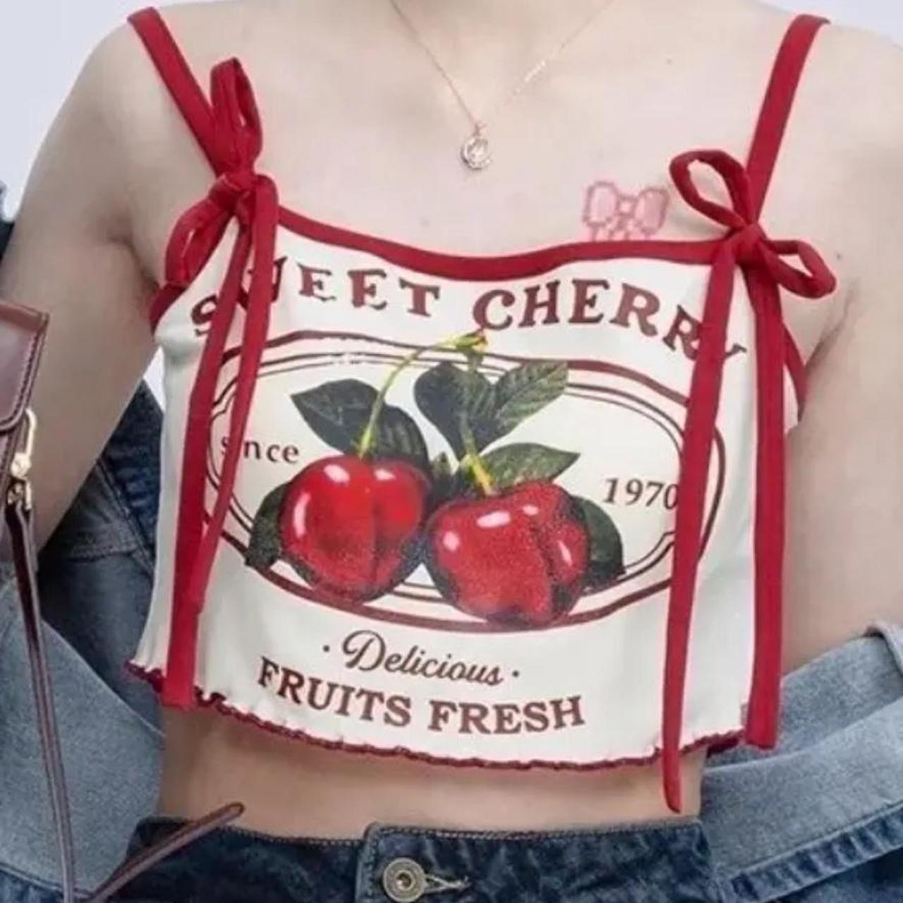 Country style cherry tank top with red bow... - Depop