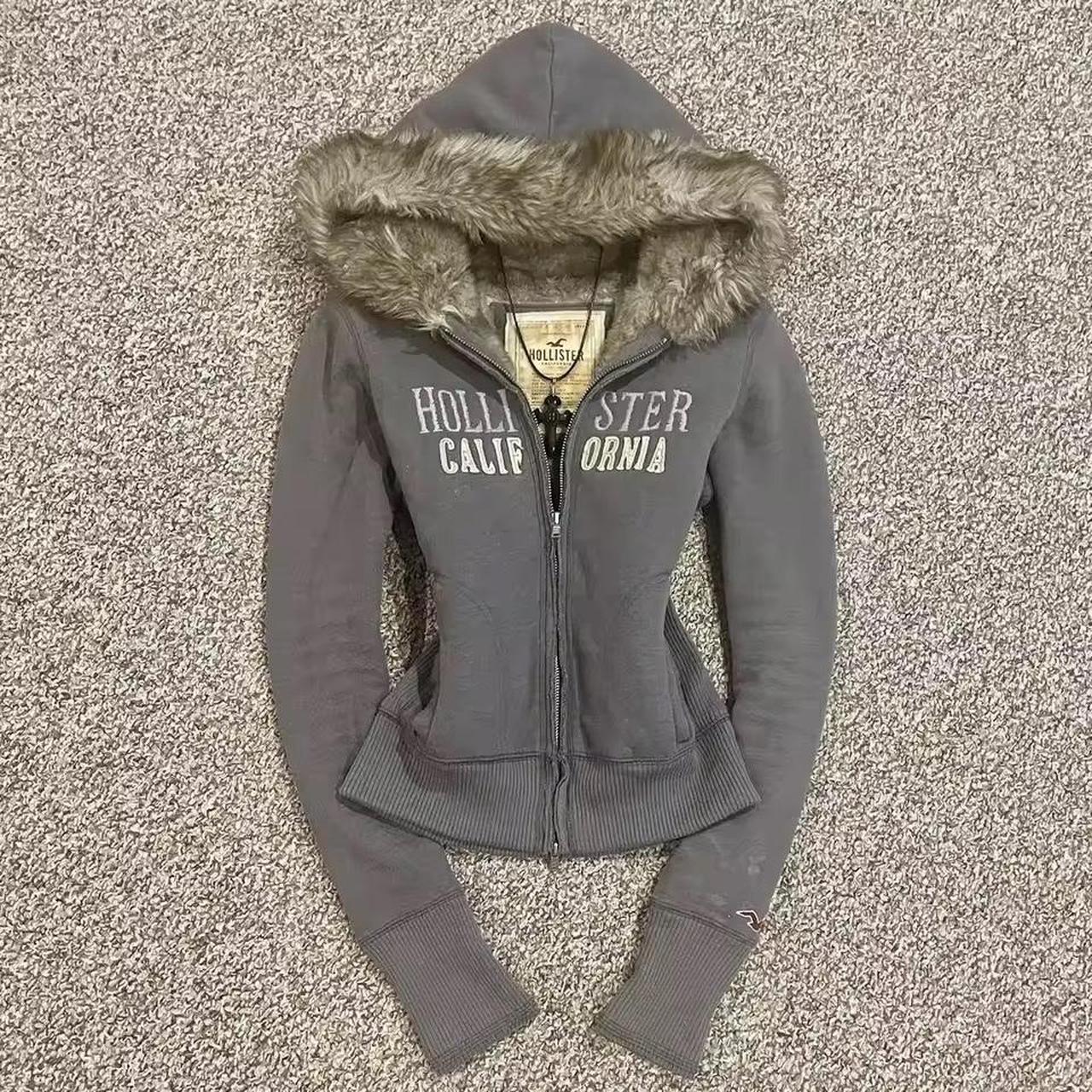 Grey and cream faux fur zip-up hoodie #fauxfur... | Depop