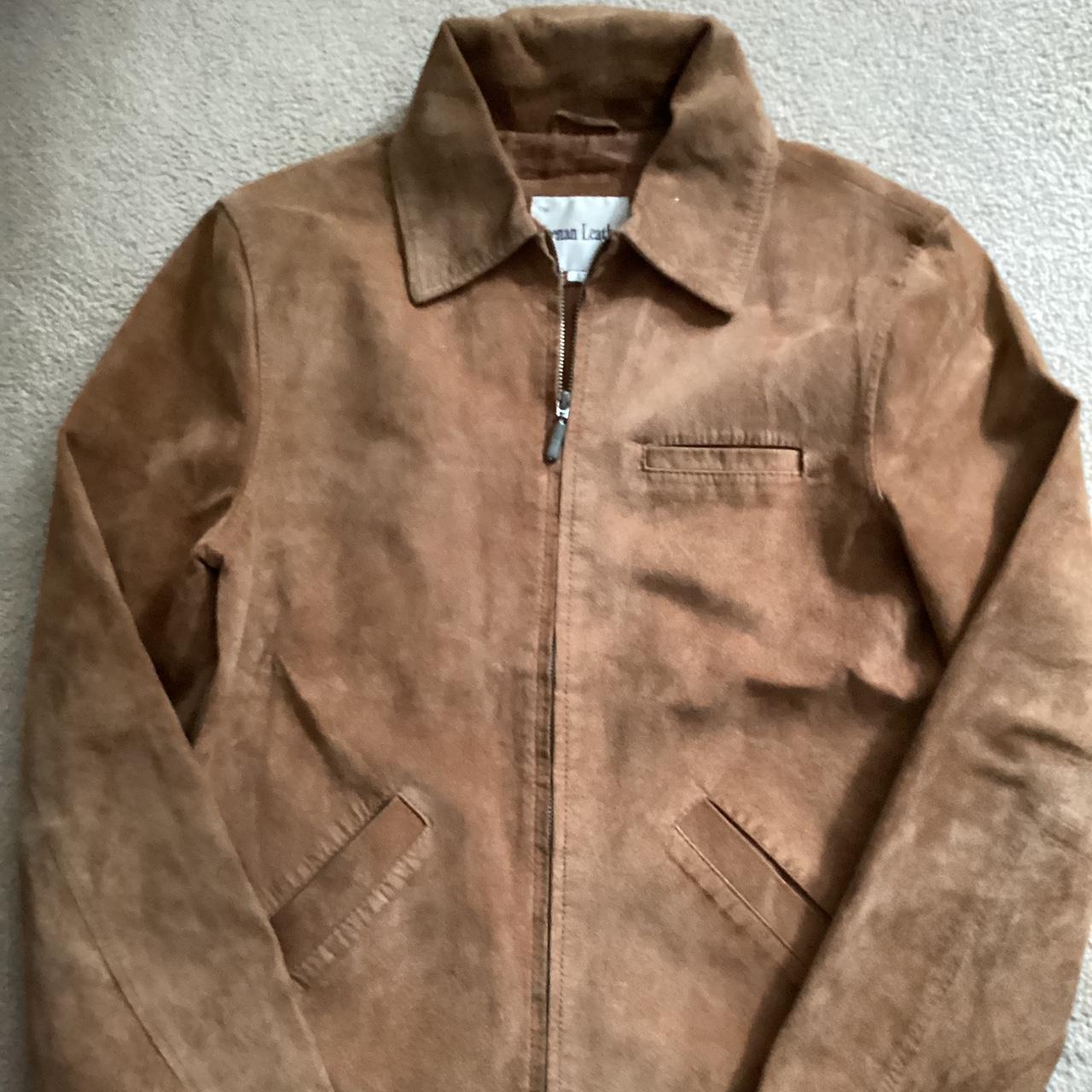 Real suede tan box style jacket, front zip... - Depop