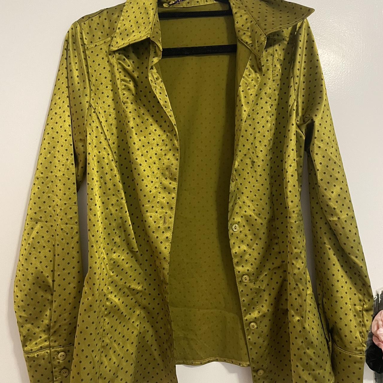 Vintage silk like green polka dot button up bell... - Depop
