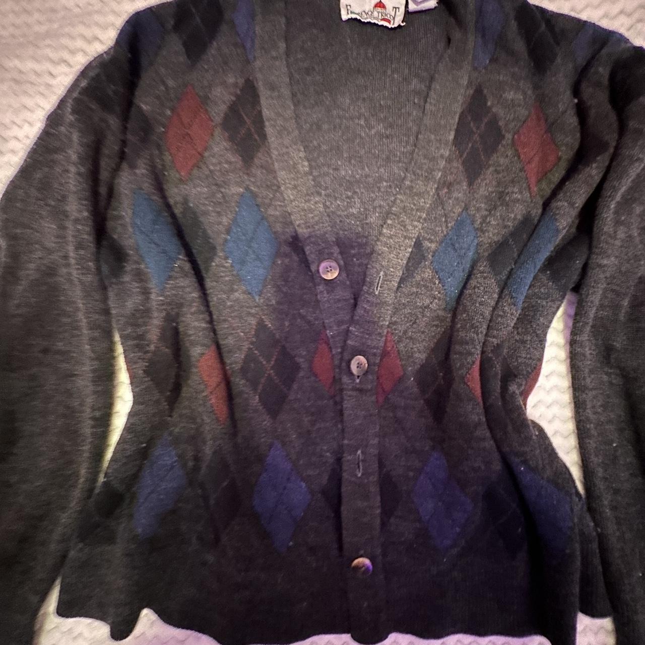 Vintage oversized grey red and blue cardigan from... - Depop