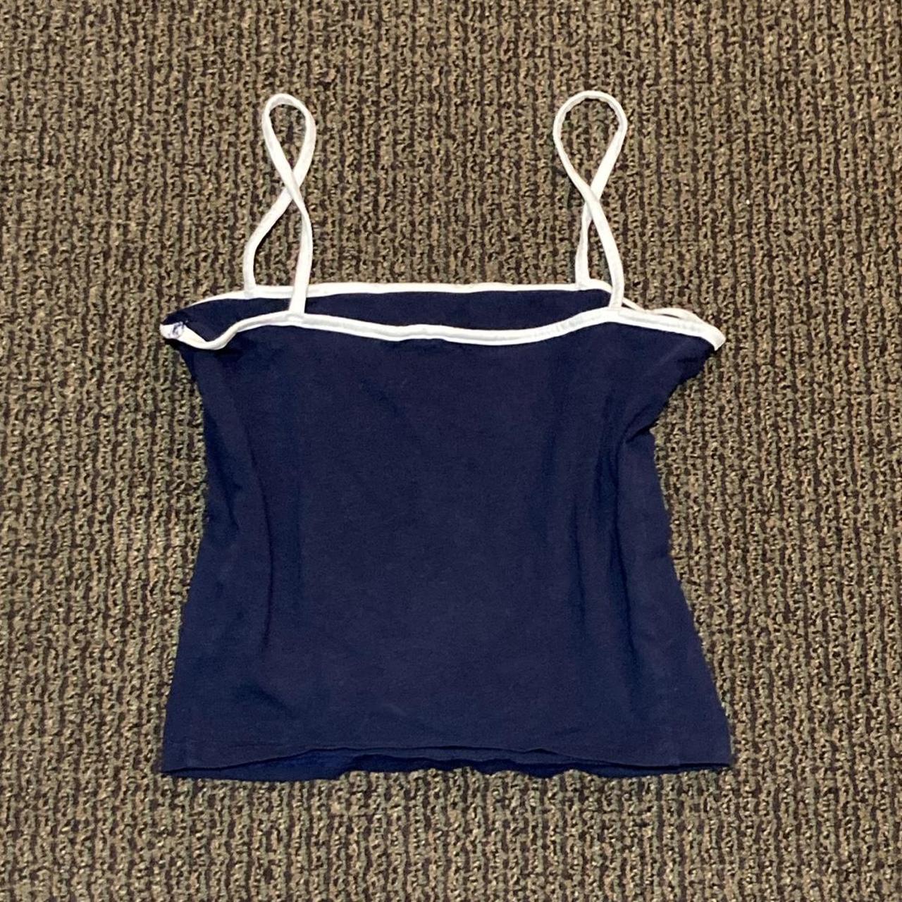 cropped cami minimalist navy blue w white straps... - Depop