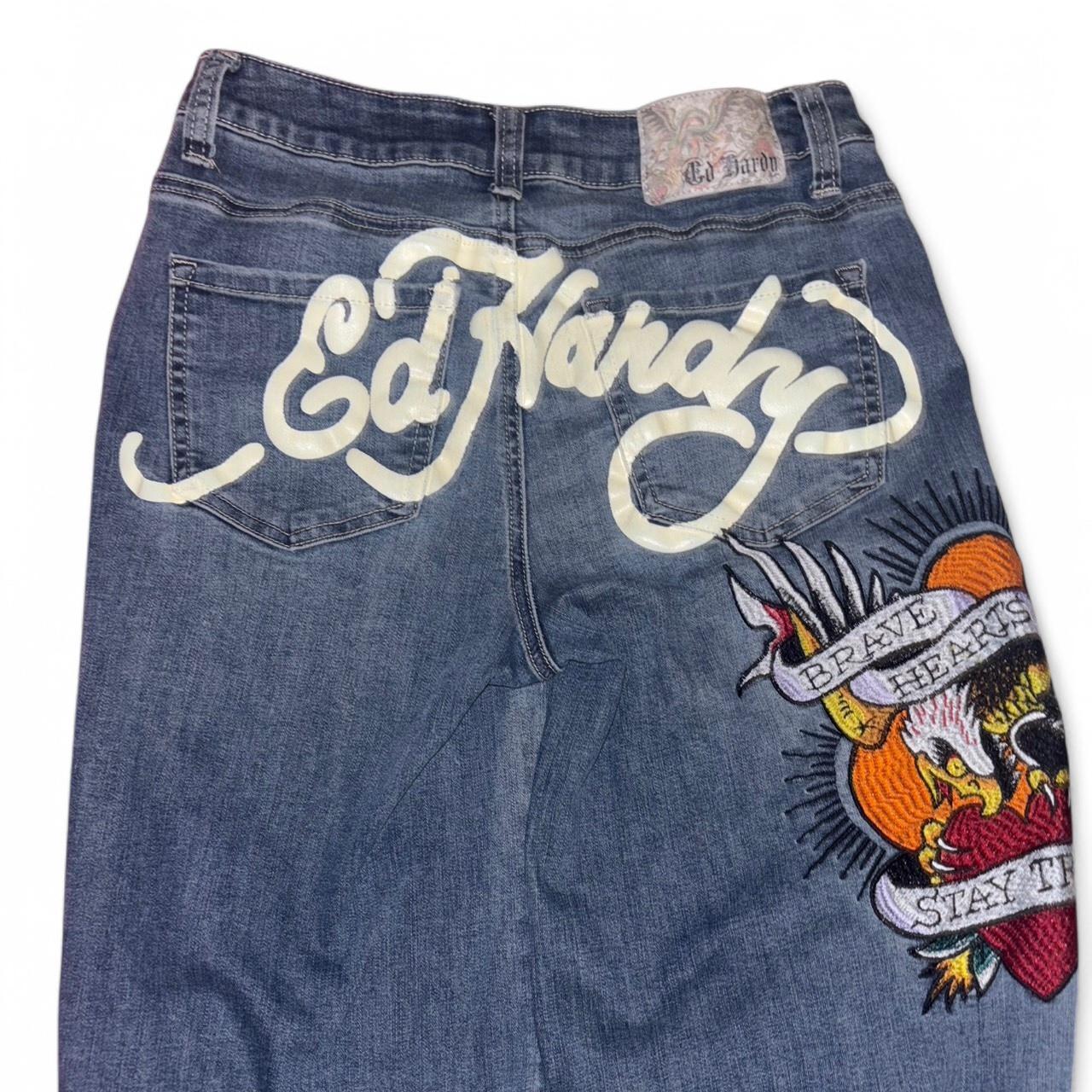 Ed Hardy denim jeans with bold graphic on back... | Depop