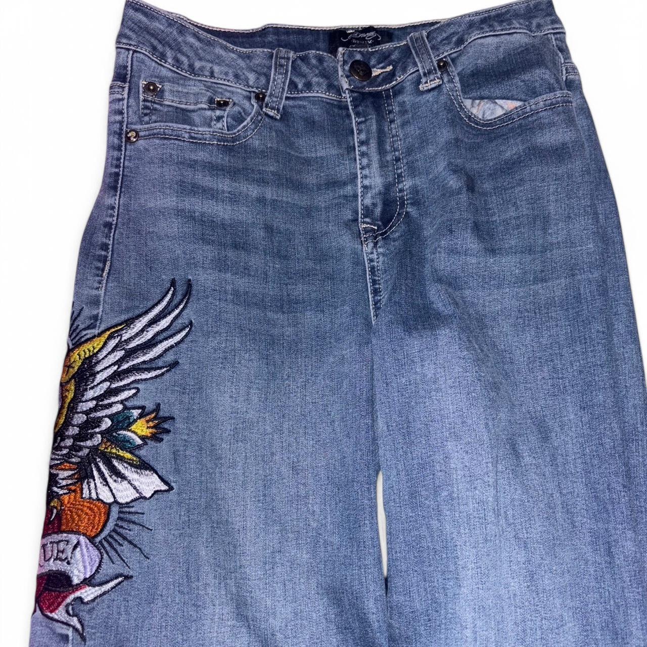 Ed Hardy denim jeans with bold graphic on back... | Depop