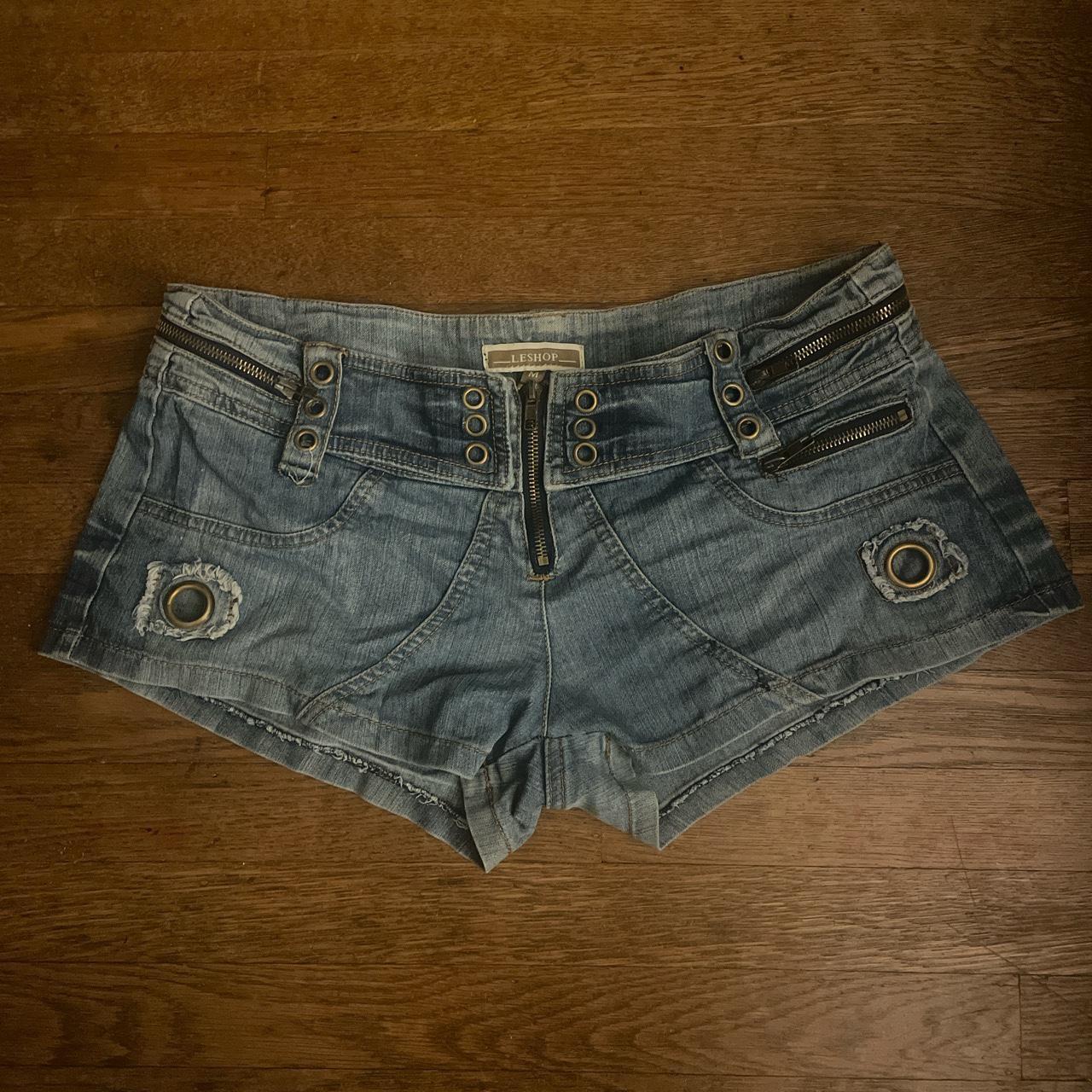 short blue denim gold zippers and gold eyelets... - Depop