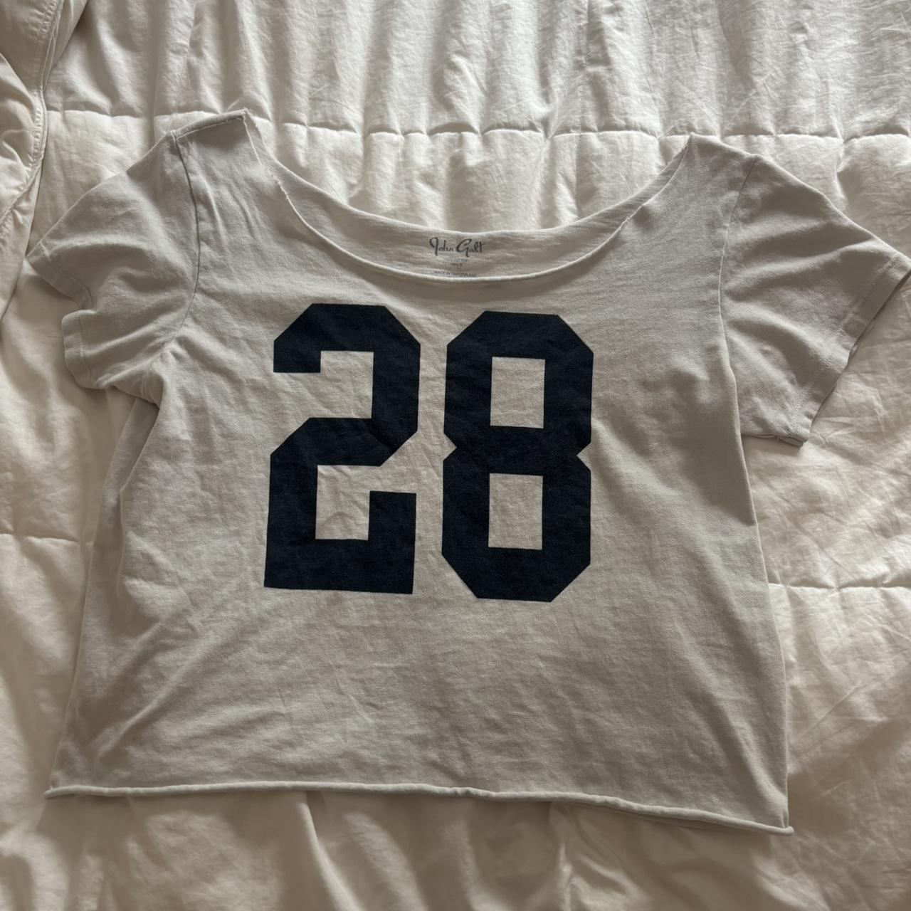 White with navy blue numbers, off the shoulder,... | Depop
