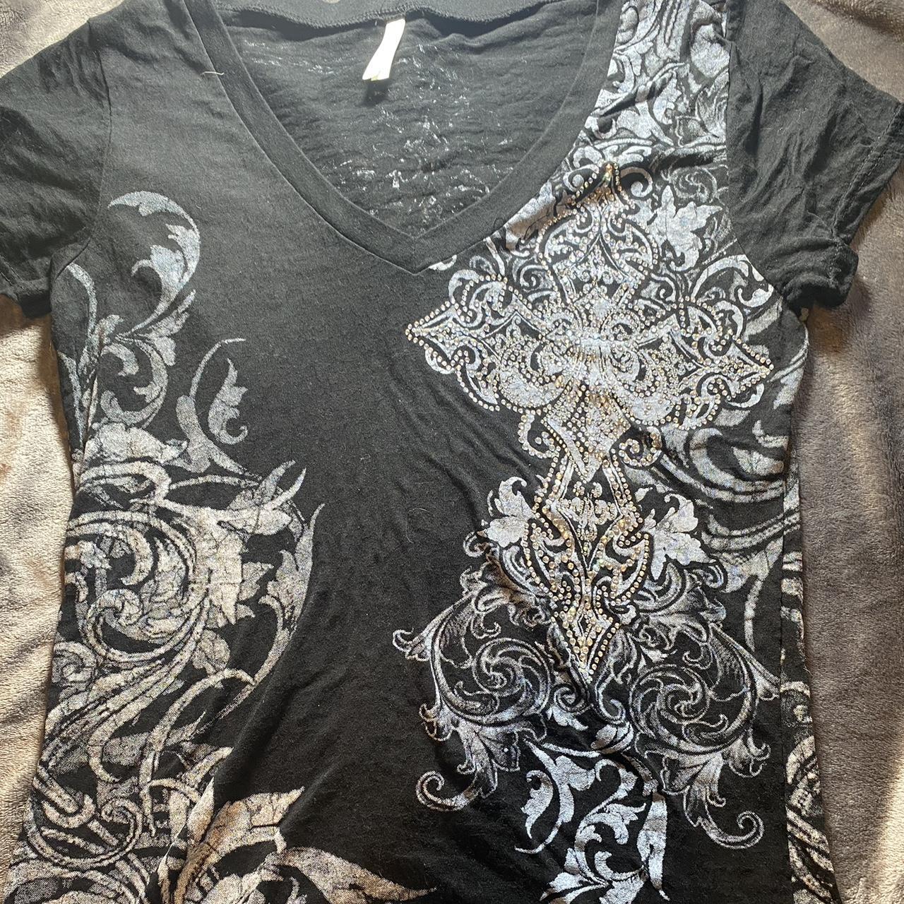 Y2K 2000s rhinestone top, cross rhinestone tattoo... - Depop