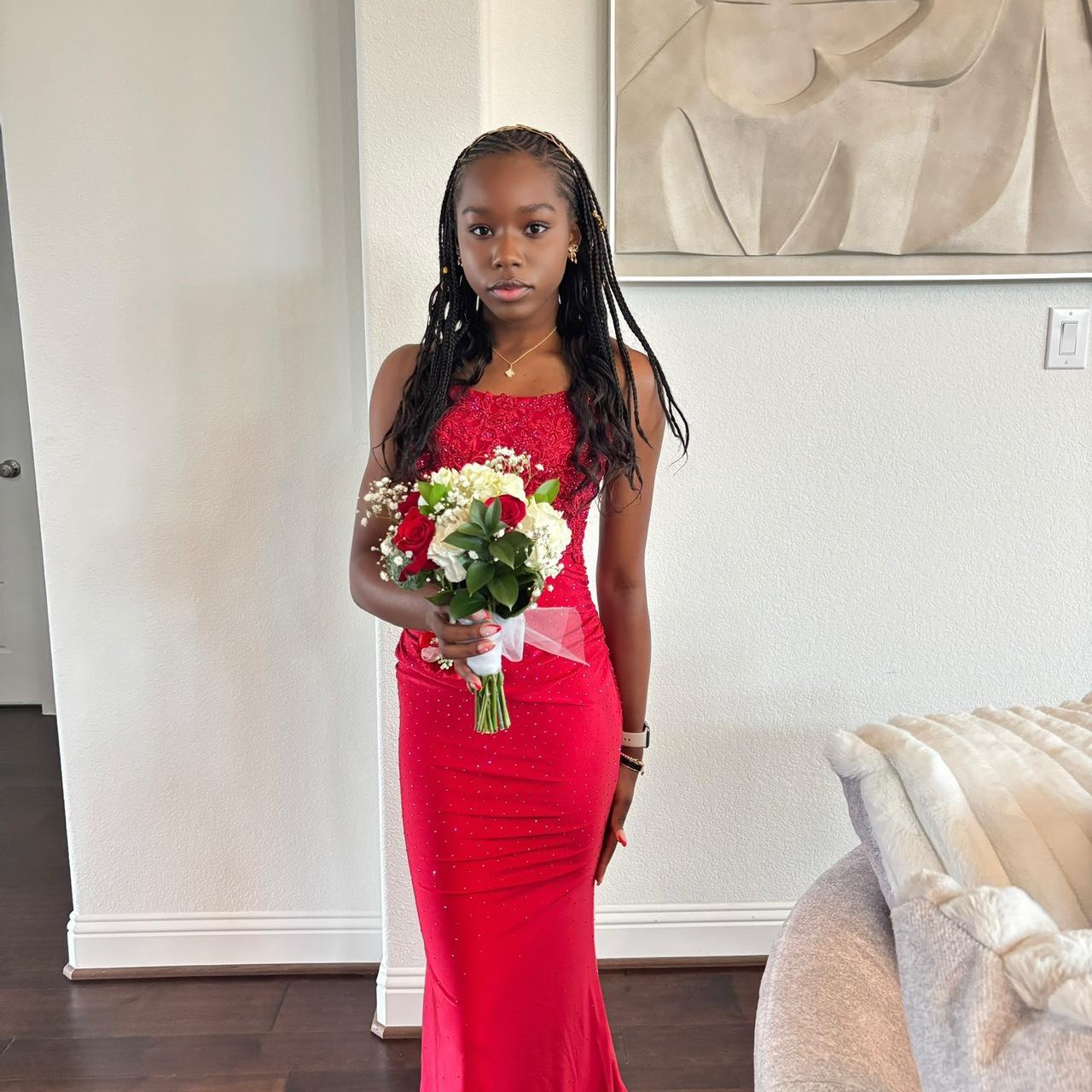 Red maxi prom dress with lace detailing and beading... | Depop