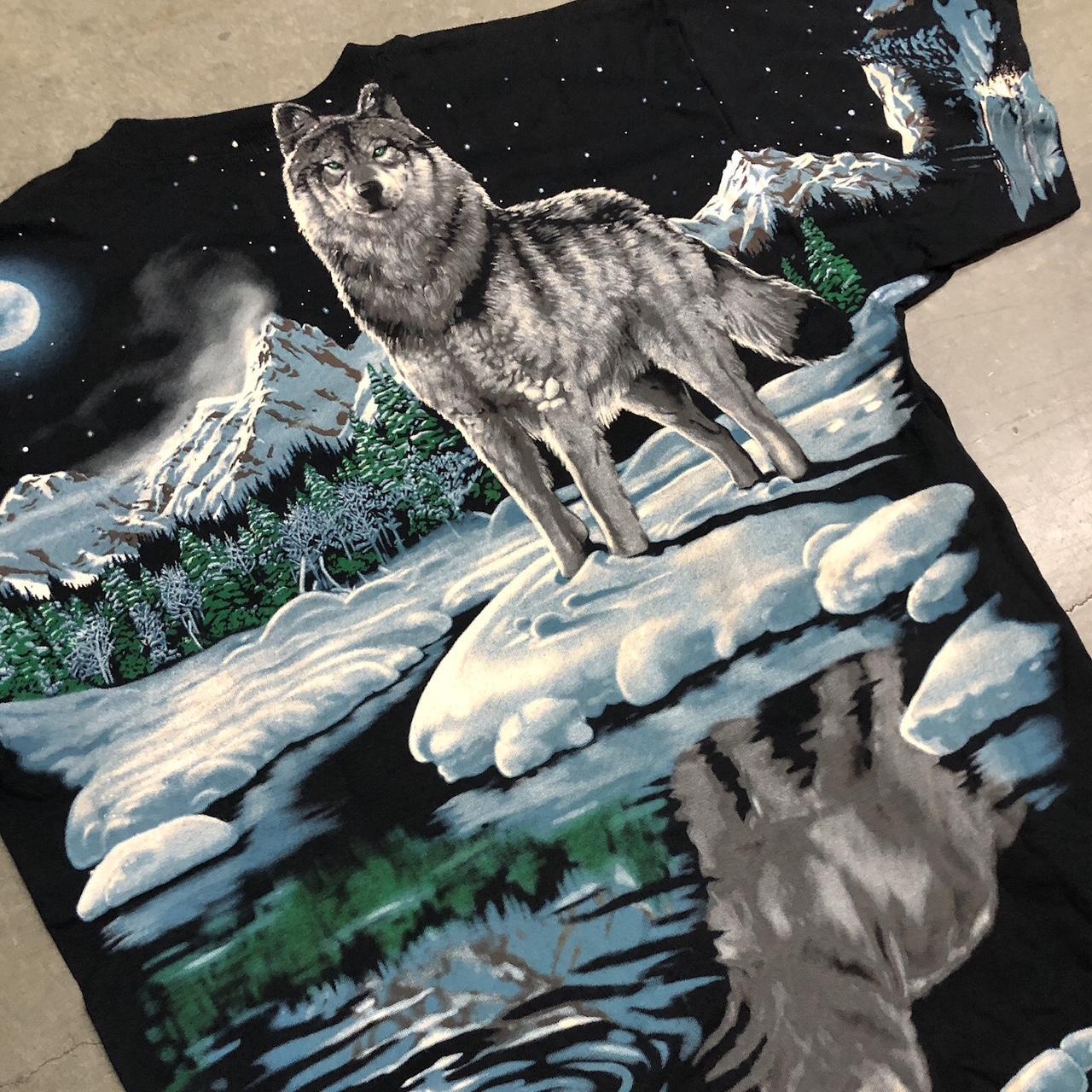 Vintage Y2K Liquid Blue Wolf Huge All Over Print... - Depop