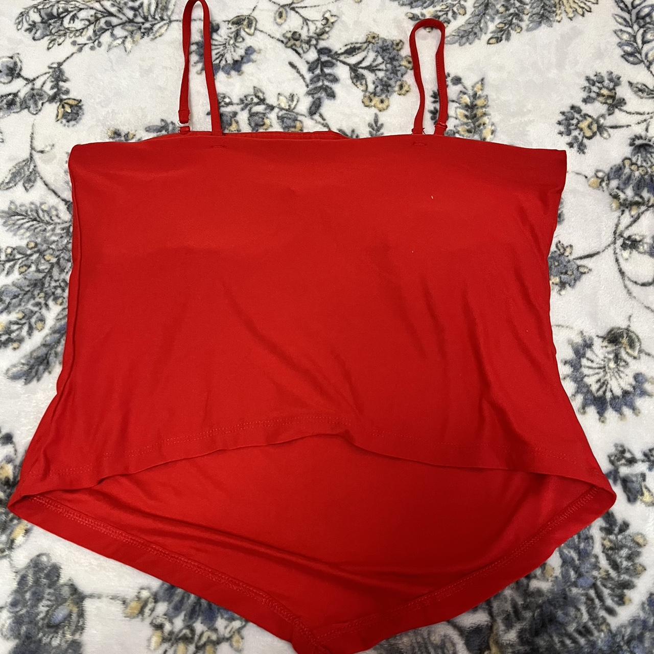 thrifted red v cut tank top with built in bra + padding - Depop