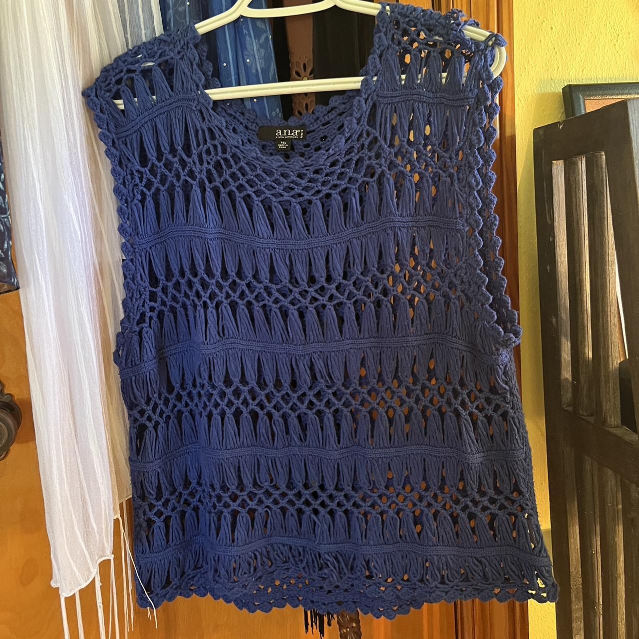 navy blue crochet top/ beach cover up barely... - Depop