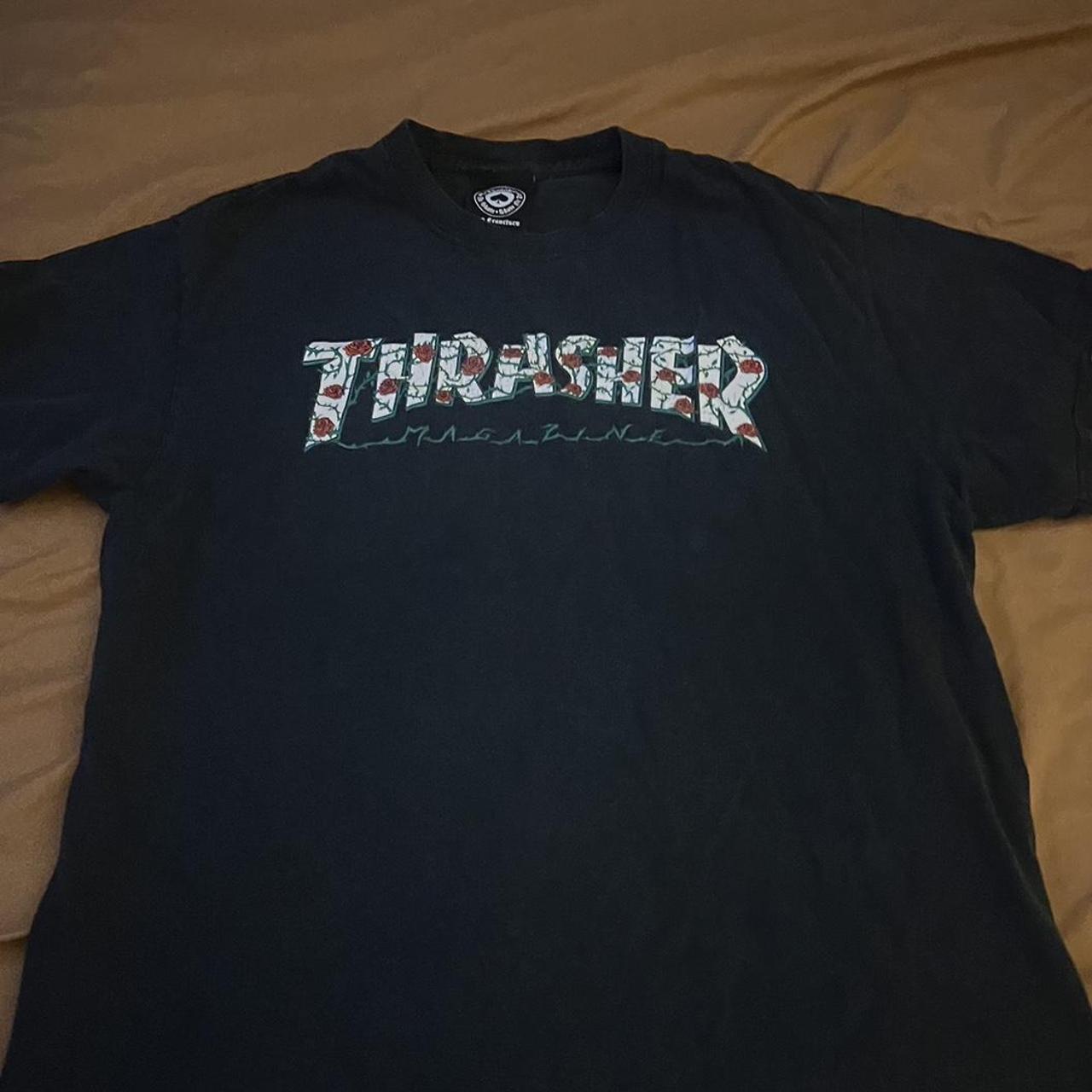 Thrasher shirt with rose design size: Medium... - Depop