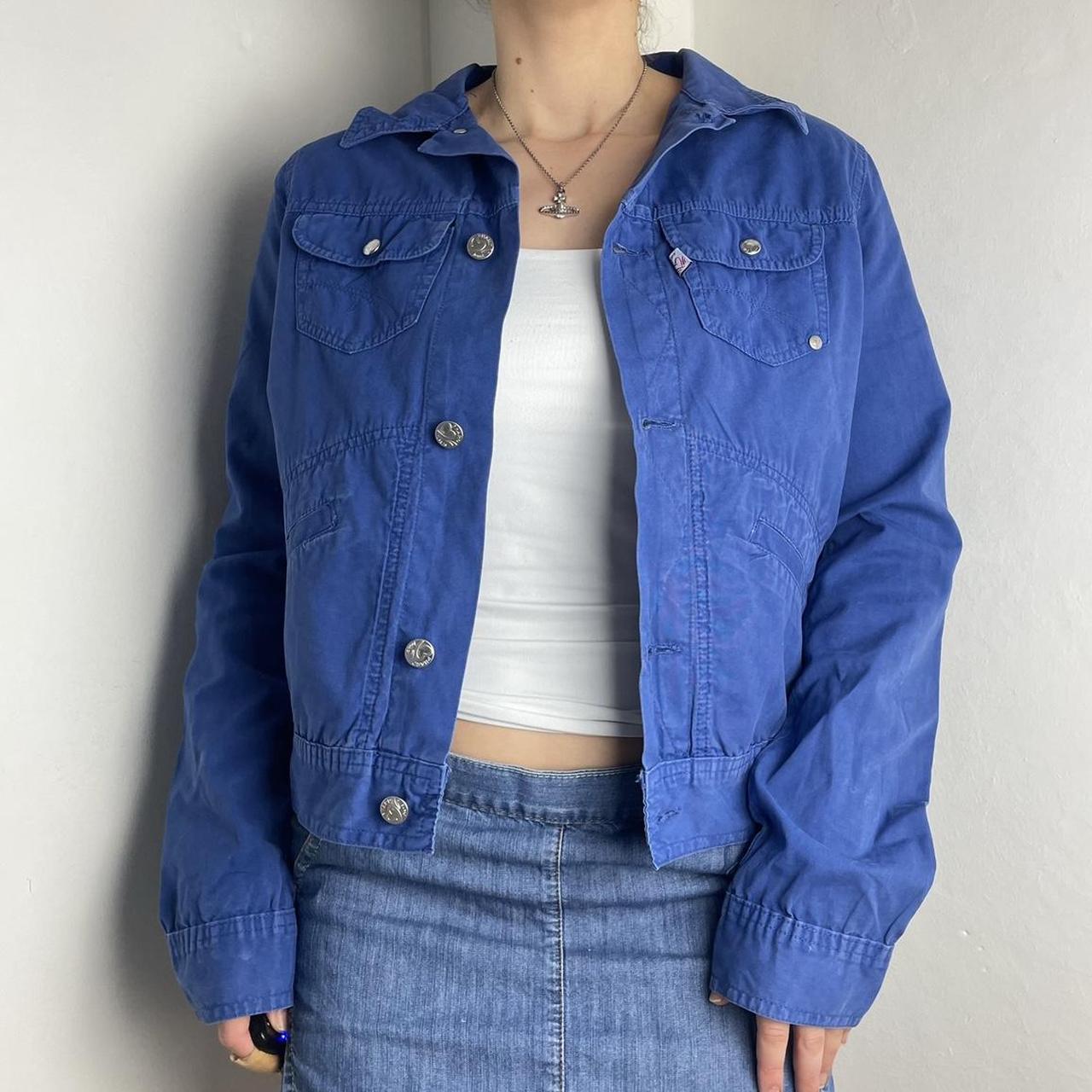 Vintage bright blue button up jacket Modelled on a... - Depop