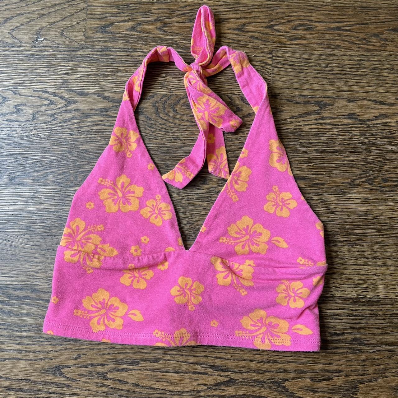 S Garage pink and orange hibiscus flower summer crop... - Depop