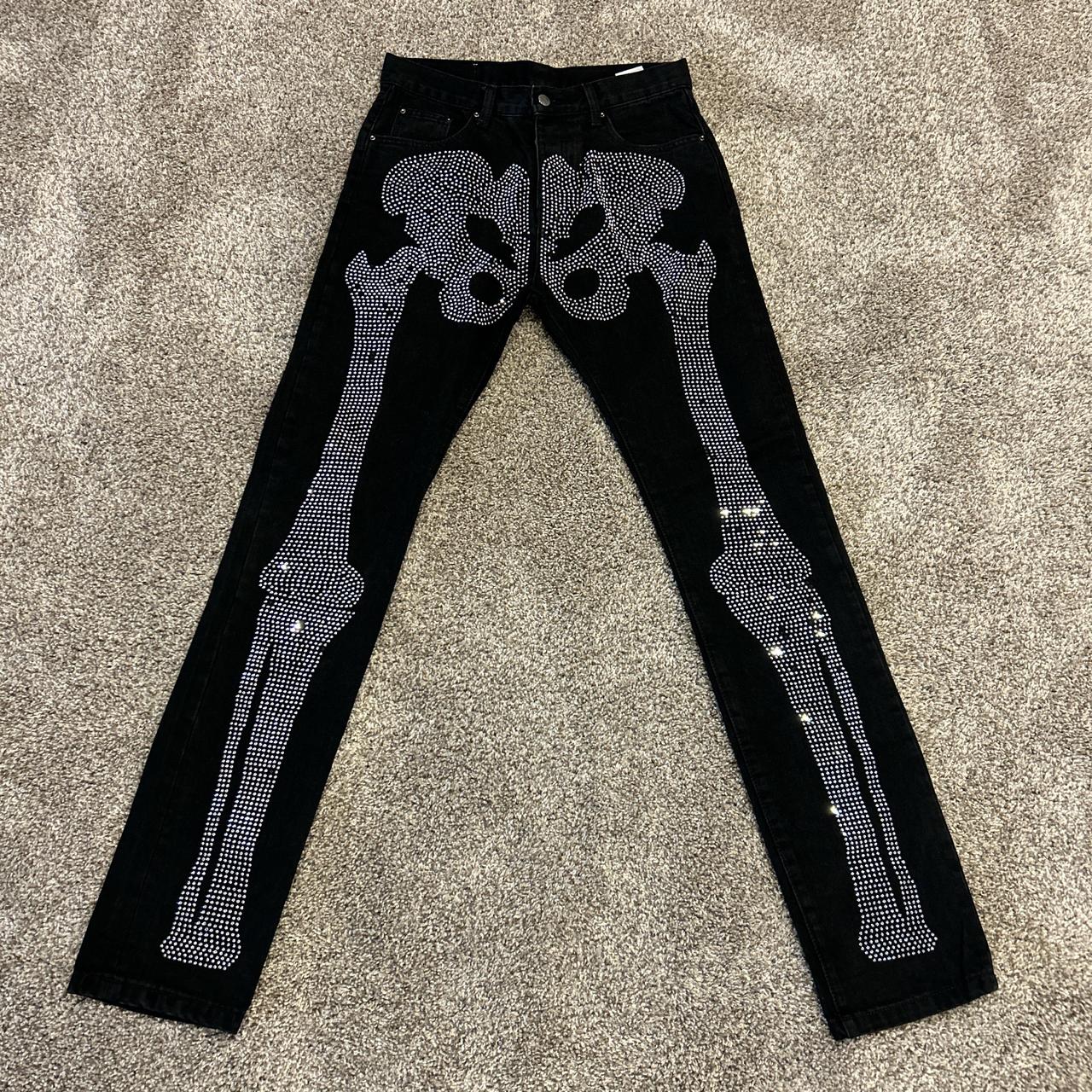 Black and silver rhinestone skeleton jeans #goth... - Depop