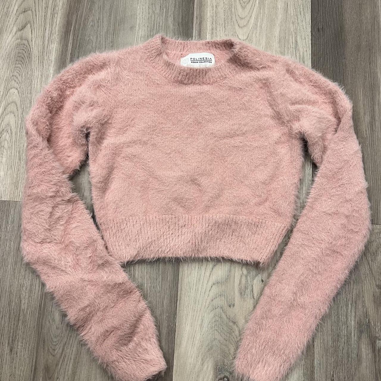 fuzzy pink cropped sweater size small but can also... - Depop