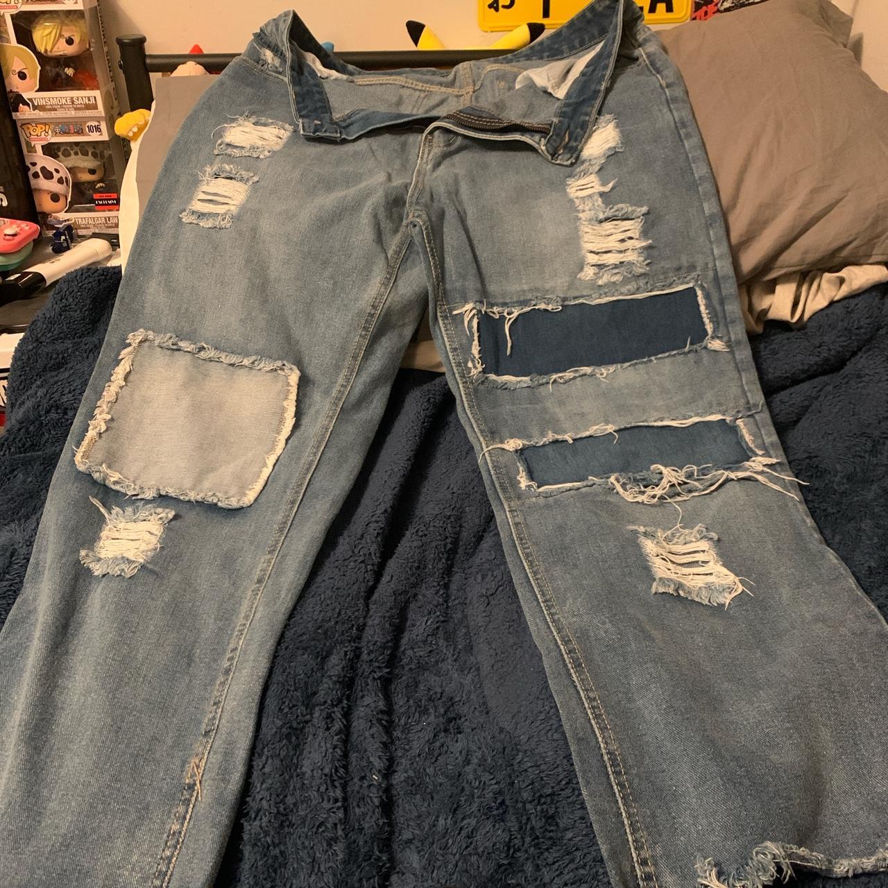 Patch work distressed jeans worn a hand full of... - Depop