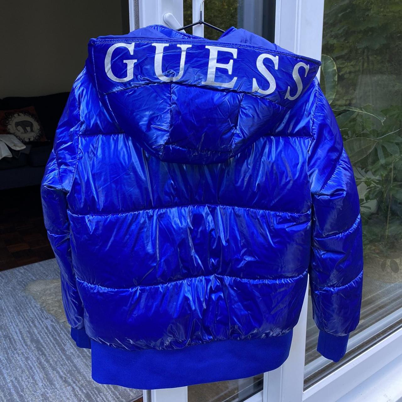 Guess Royal Blue Shiny Puffer Jacket Size Small (UK... - Depop