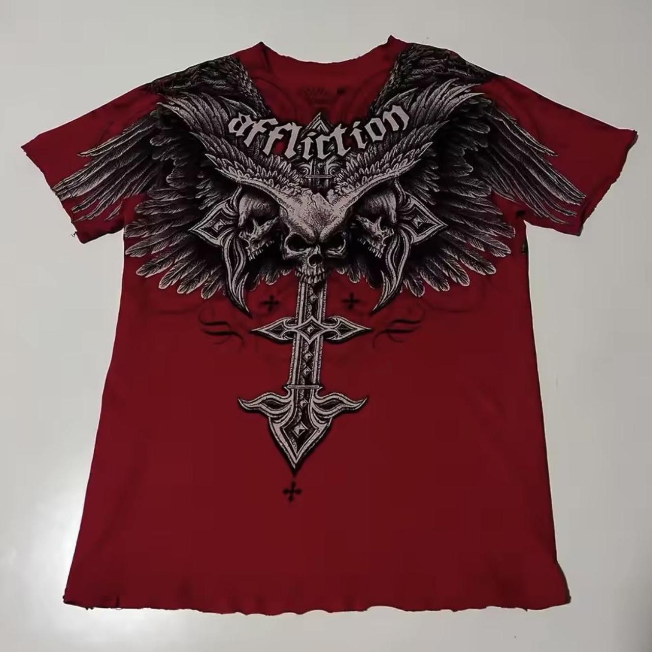 Red Affliction shirt with skull and cross wings... | Depop