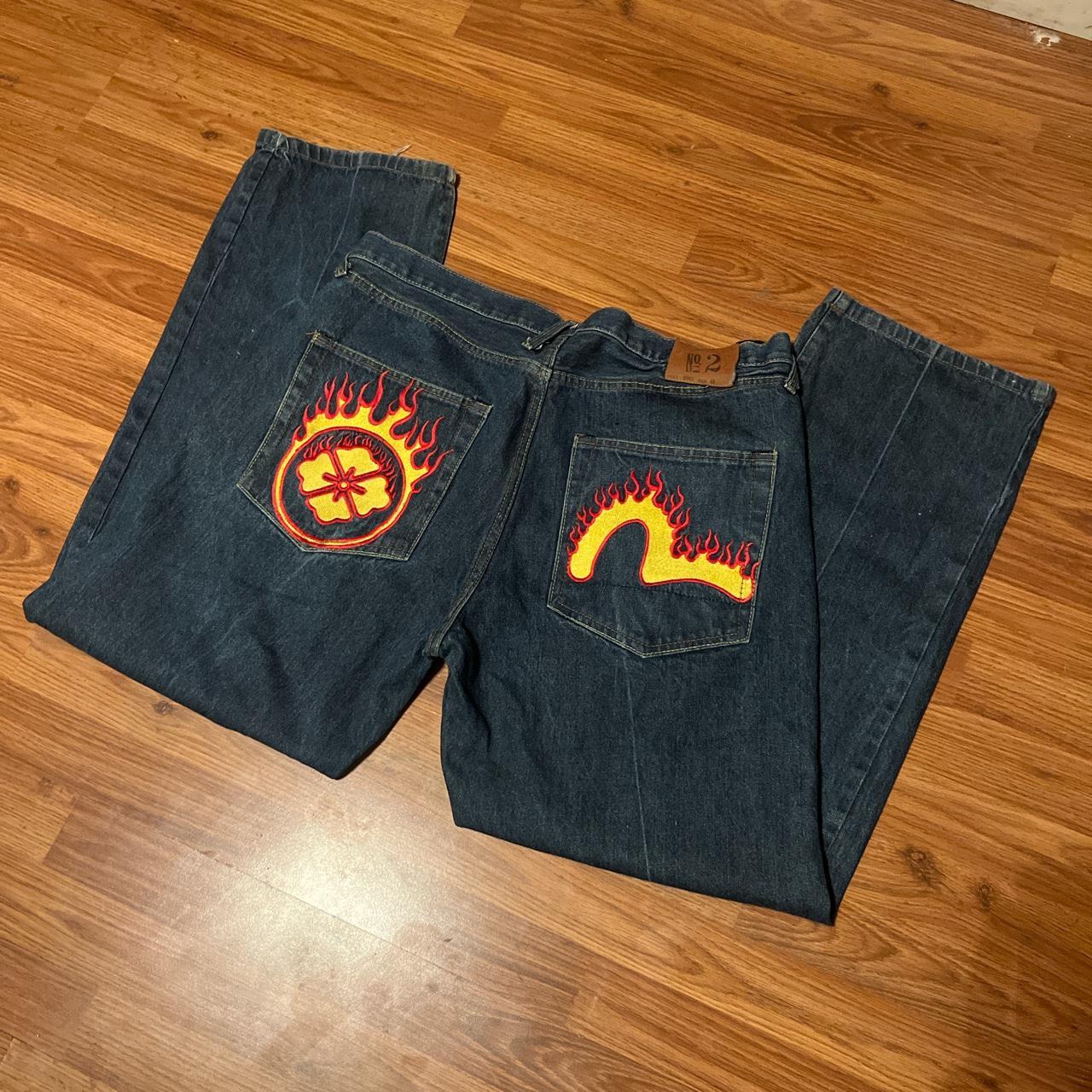 Evisu Japanese Denim Jeans Fire Embroidered Flower... - Depop
