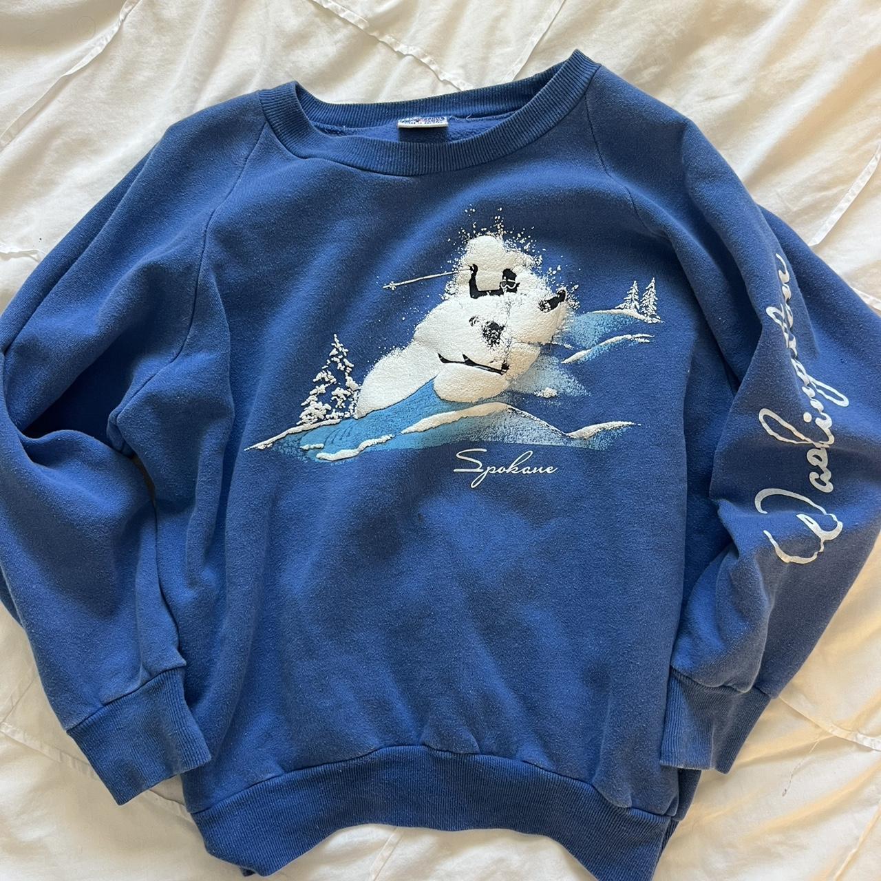 80s vintage Spokane ski crewneck sweatshirt in blue... | Depop