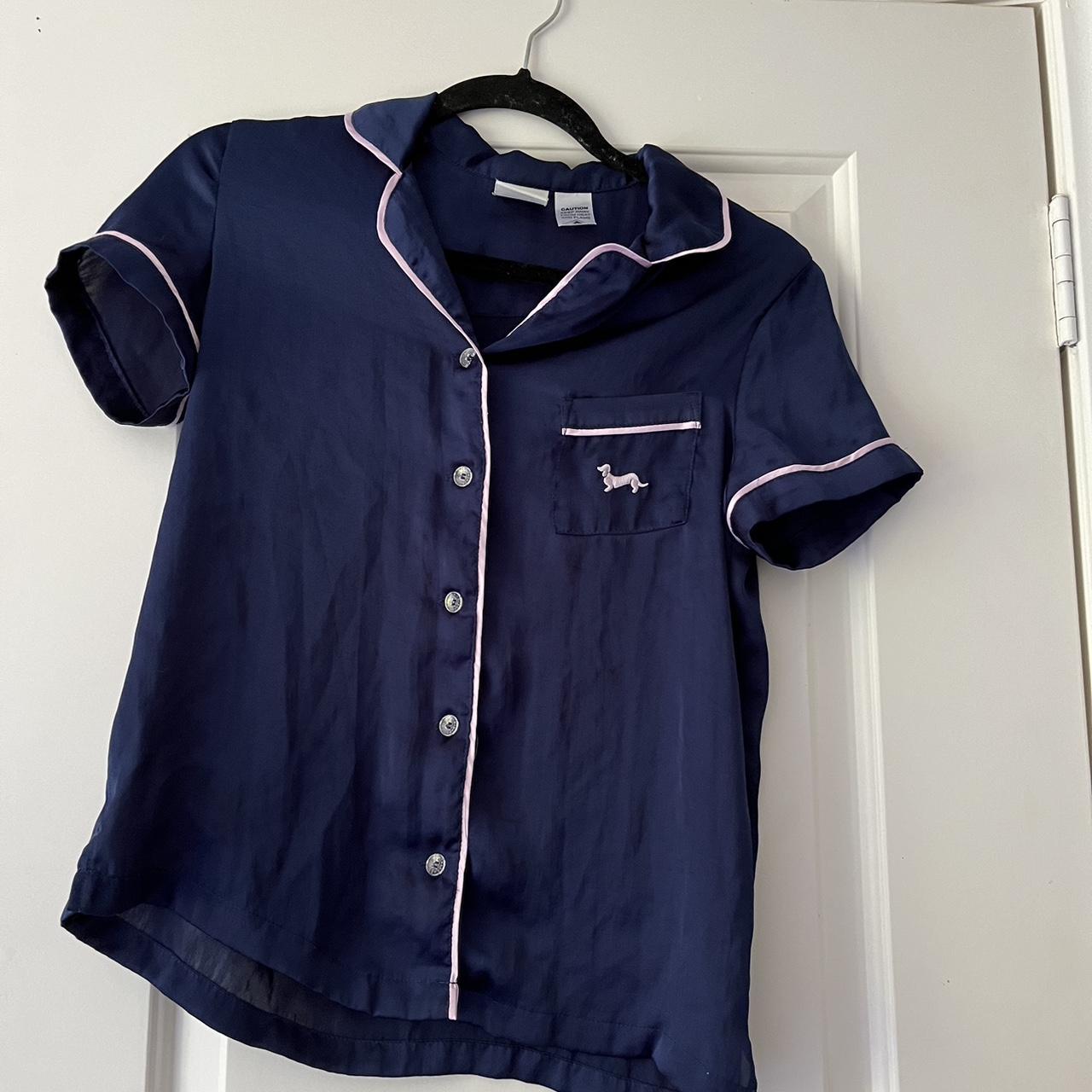 Peter Alexander navy silk pyjama set One button is... - Depop