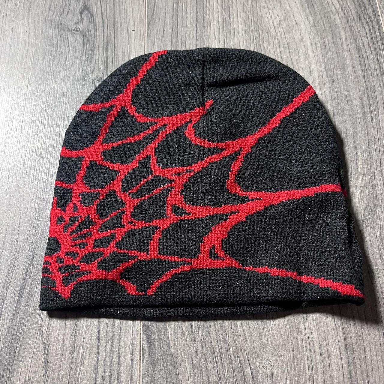 cyber y2k / 2000s opium black and red beanie super... - Depop