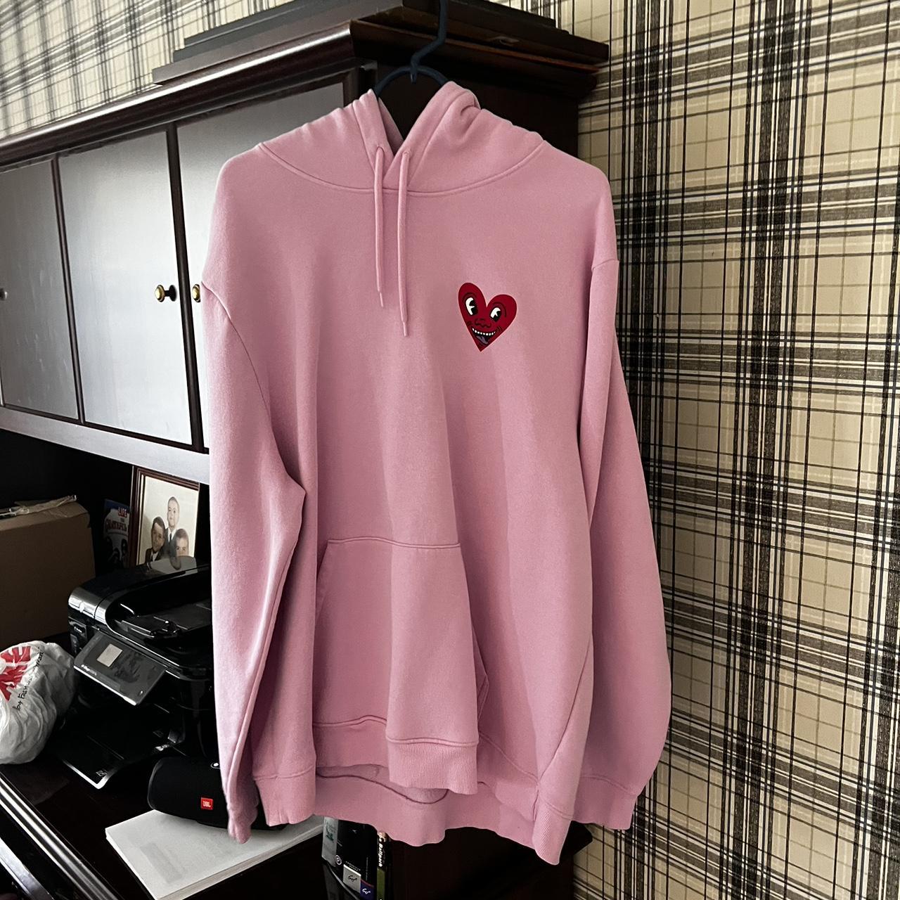 pink heart hoodie Keith Haring worn once - Depop