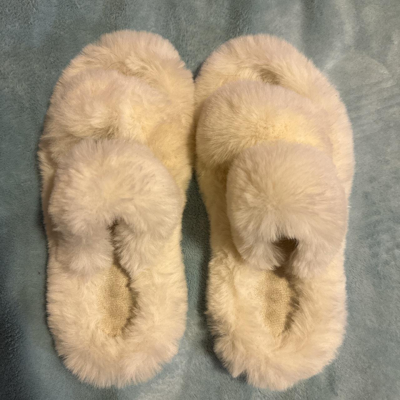 White fuzzy cute slippers, size 6 US Womens. worn... - Depop