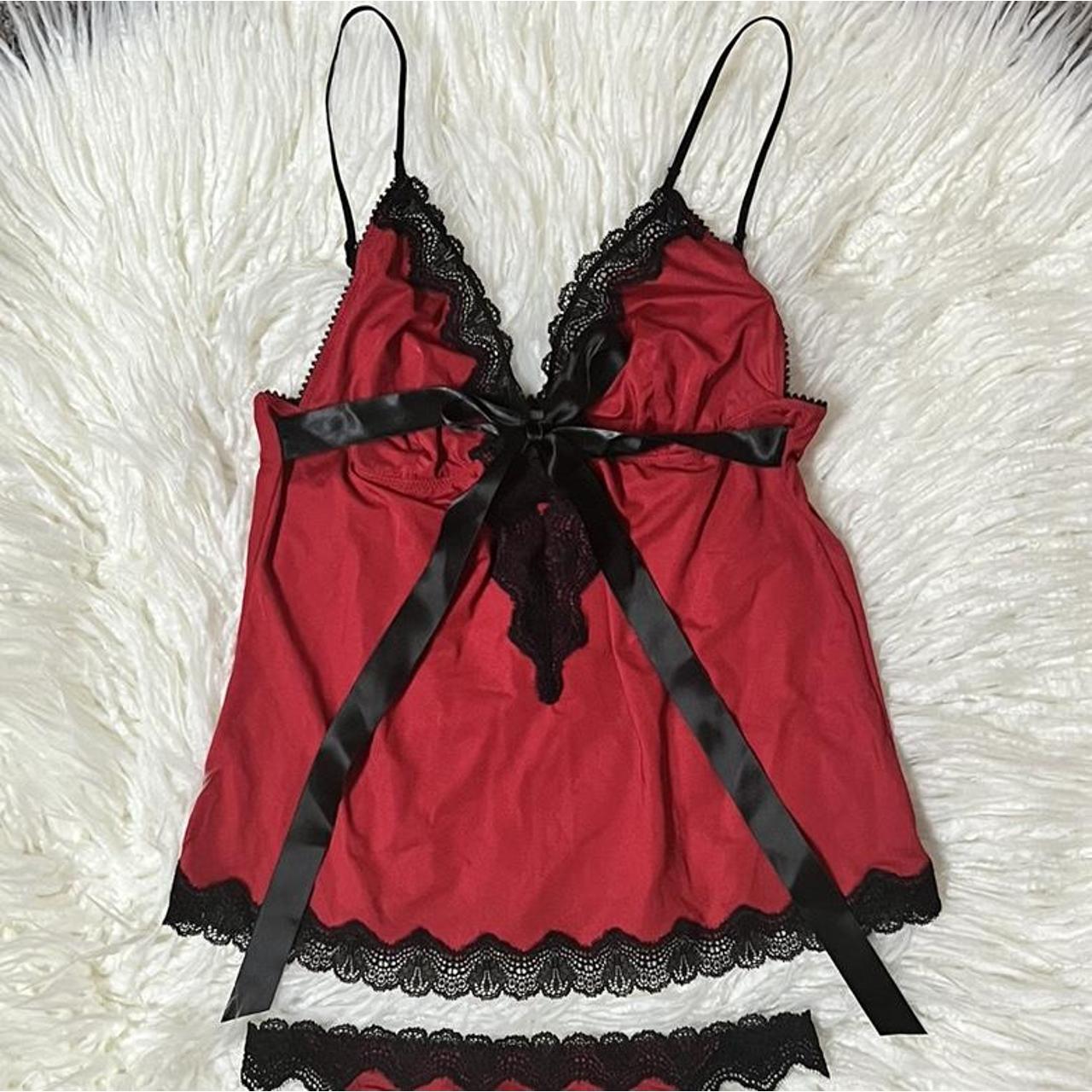 Cami lounge set Red with black lace Brand is... - Depop