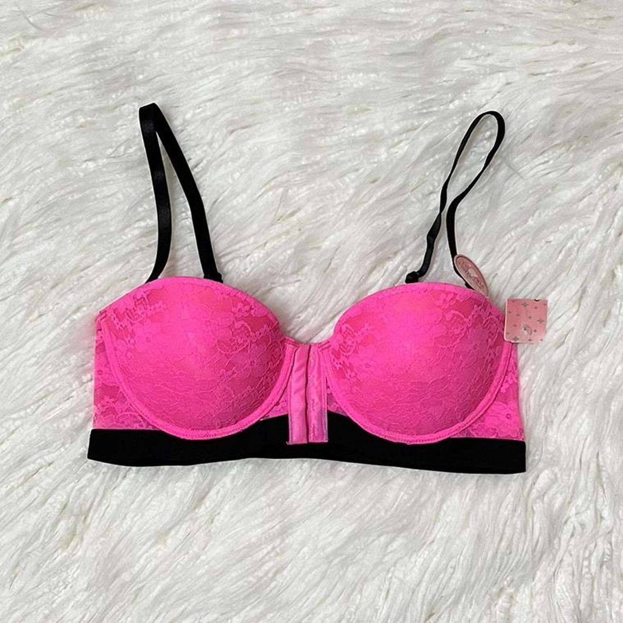 Hot pink lace overlay bra Closure is on the front... | Depop