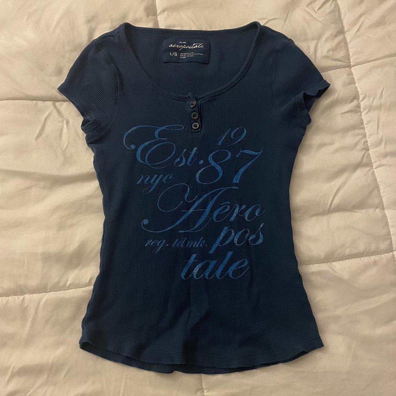 Aeropostale Women's Navy and Blue T-shirt | Depop