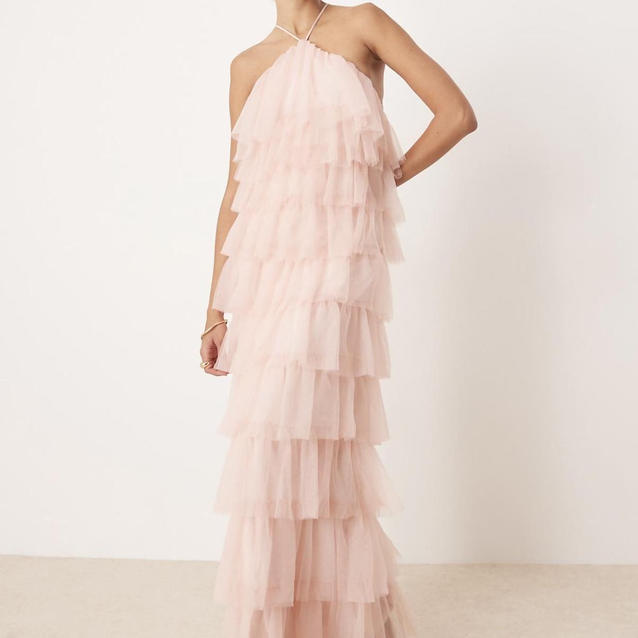 Pink tulle ruffle maxi dress. Fits like a medium.... | Depop