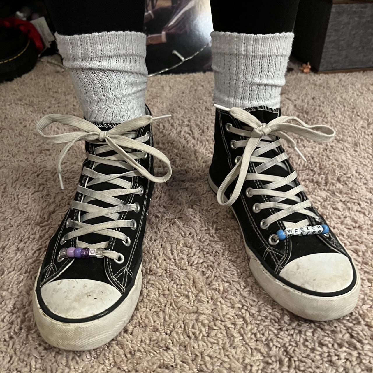 worn weezer emo style y2k converse with heart beads... - Depop