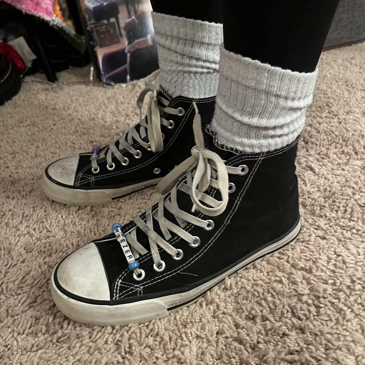 worn weezer emo style y2k converse with heart beads... - Depop