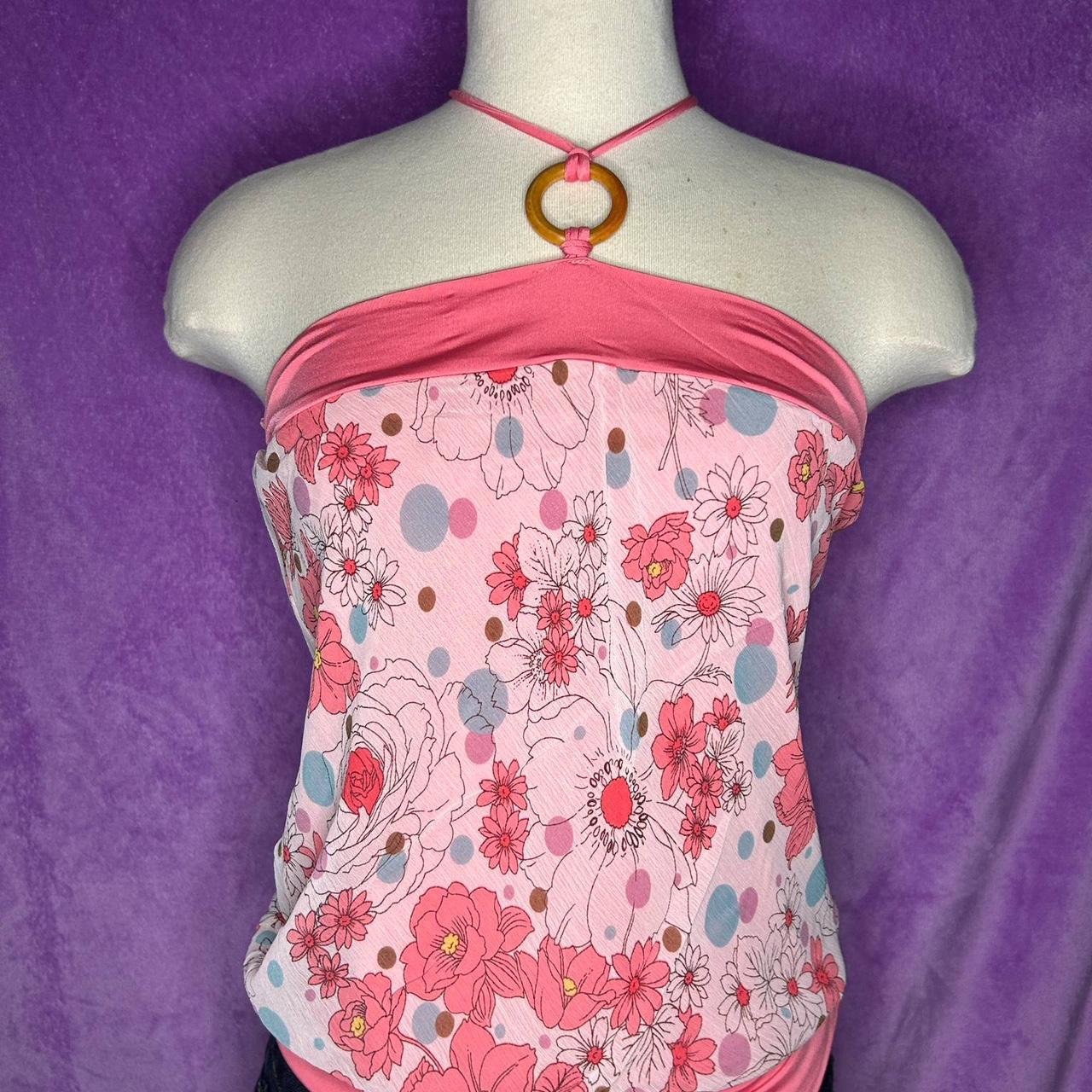 Pink yk2 floral print halter top with wooden ring... | Depop