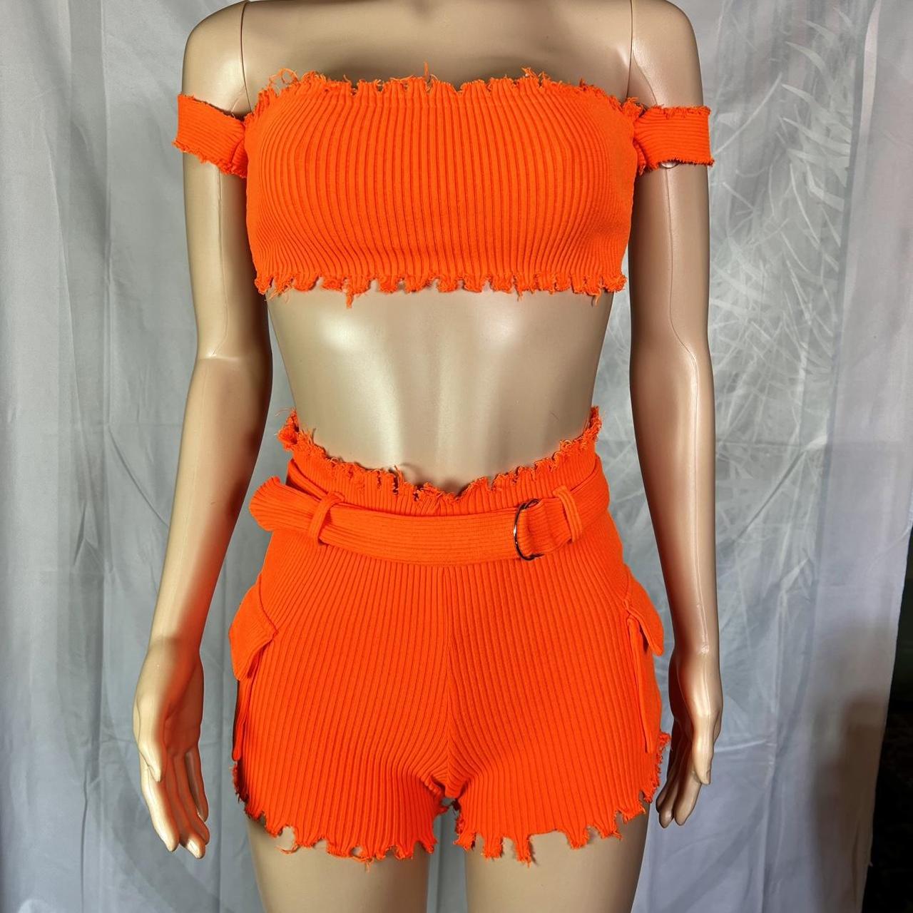 Orange neon two piece Croptop and shorts Stretch... - Depop