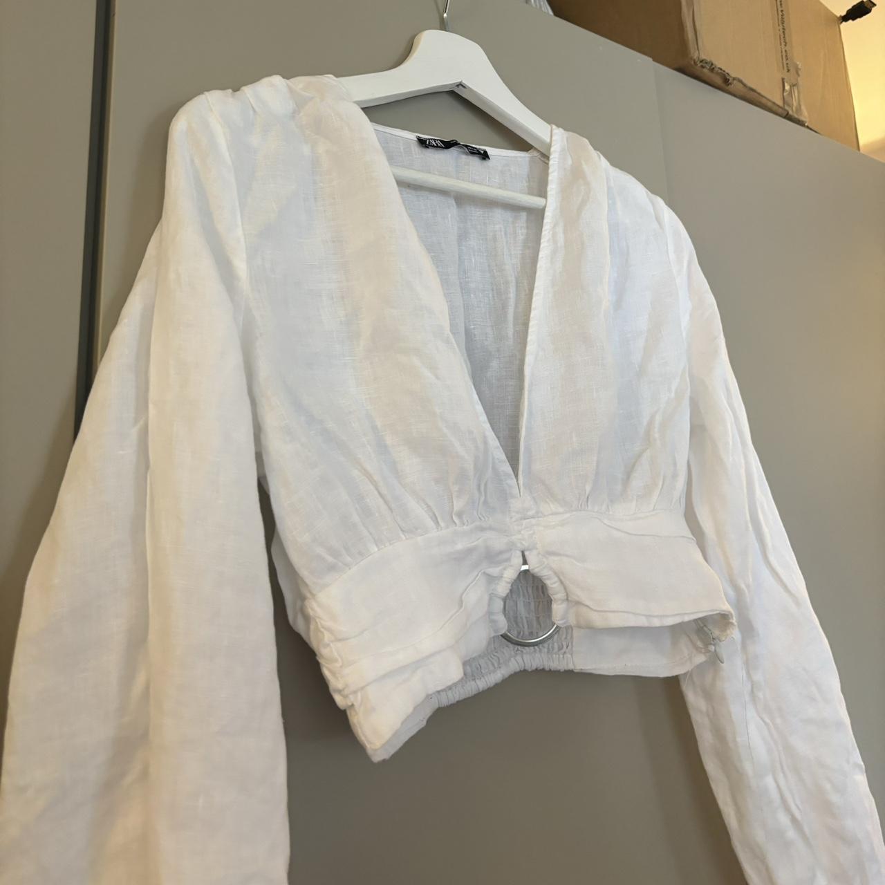 ZARA White linen tie front top with long... - Depop