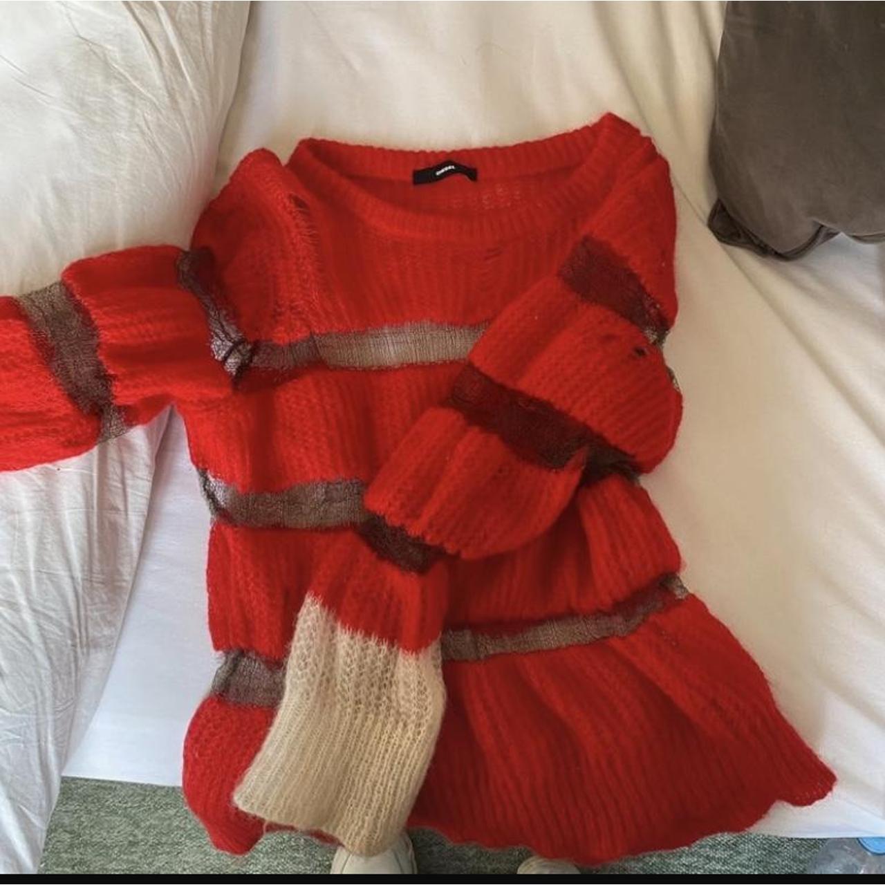 Diesel sweater crew neck distressed red white black... - Depop