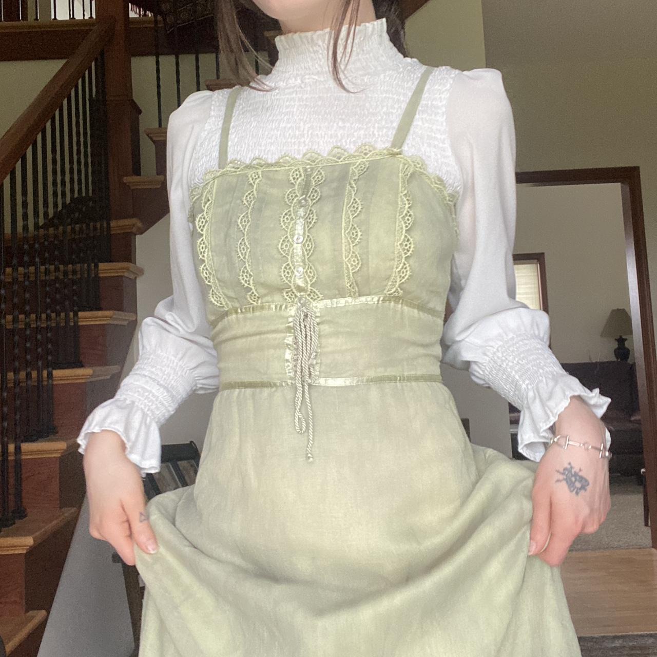 70s prairie dress with waist ribbon & corset accents... - Depop